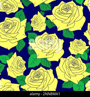 seamless pattern of large yellow rose flowers on a blue background ...