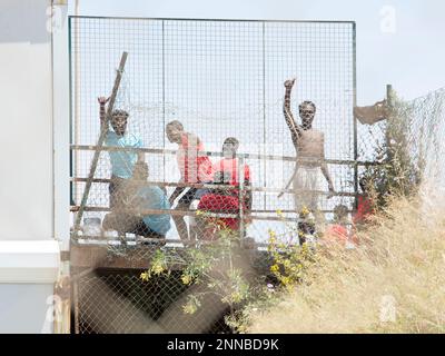 Fence that separates the city of Melilla from the Moroccan port of ...
