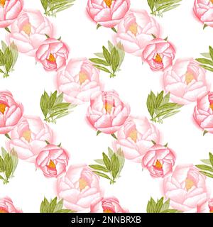 Handdrawn peony flowers seamless pattern. Watercolor red peony with ...