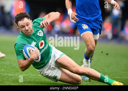 Hugo Keenan of Ireland scoring a try during Six Nation Rugby Match ...