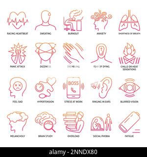 Stress symptoms and causes icon set in flat style. Vector illustration ...