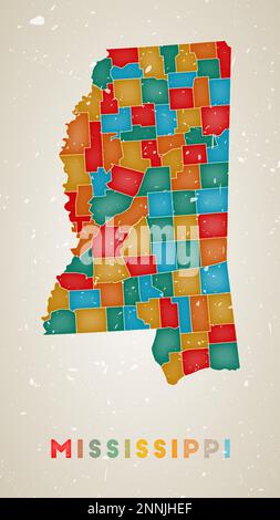 Mississippi map. Poster with map of the US state in retro color palette ...