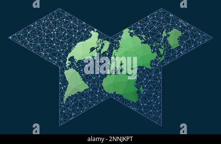 Abstract map of world network. Collignon projection. Green low poly world map with network ...