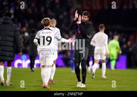 Alisson Becker of Liverpool applauds the fans after the final whistle ...