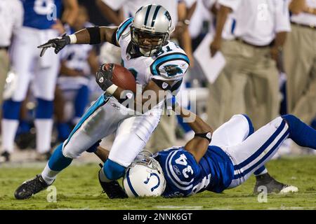 Carolina Panthers Dominique Thompson (81) is tackled by Indianapolis ...