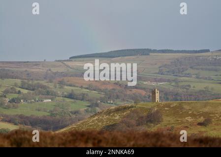 Rainbow above Boot's Folly, a monument by Strines Reservoir, Bradfield ...