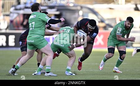 Saracens' Eroni Mawi is tackled by Newcastle Falcons' Freddie Lockwood ...