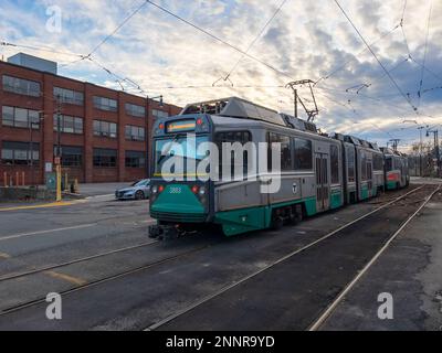 MBTA Green Line Ansaldo Breda Type 8 train at Ball Square station in ...