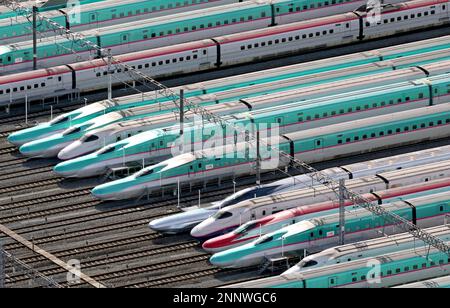 An aerial shows Shinkansen bullet trains lined at the JR East ...