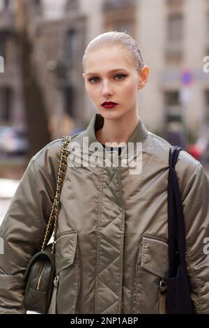 Model Valeria Buldini outside Dolce & Gabbana fashion show during the ...