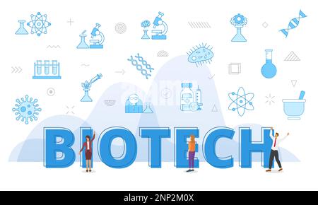 biotech concept with big words and people surrounded by related icon ...
