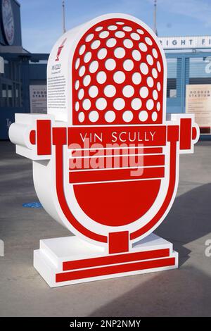 The microphone of Los Angeles Dodgers broadcaster Vin Scully at the ...