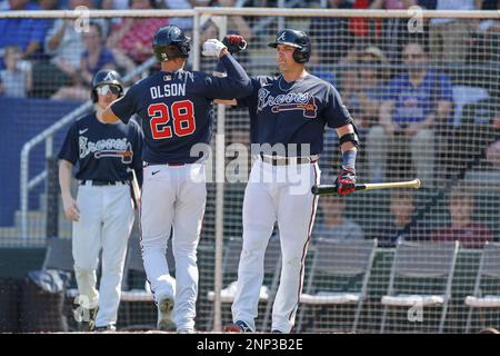 Atlanta Braves' Austin Riley is congratulated after hitting a solo home ...