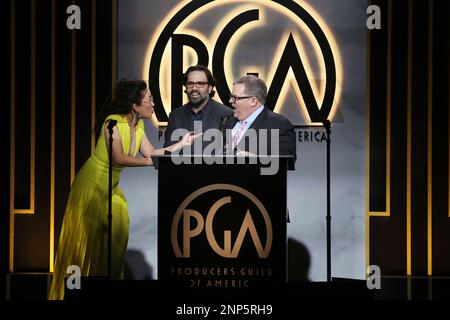 Tyson Bidner, from right, Josh Senior and Sandra Oh on stage at the ...