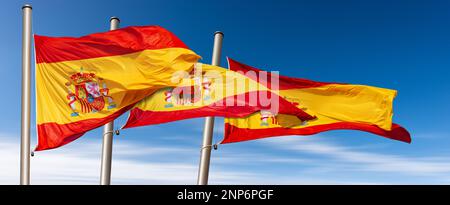 Three Spanish flags (la Rojigualda) hanging on the flagpole, isolated ...