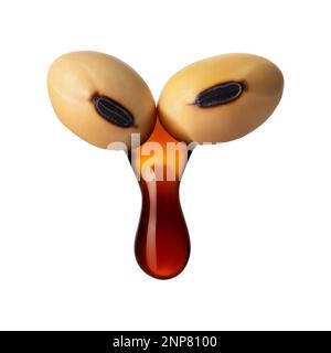 soy sauce drop falling from flying soybeans in glass bowl isolated on ...