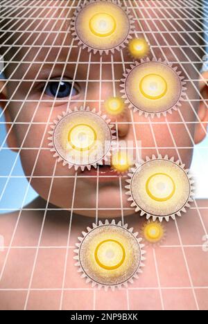 INTERLOCKING COG GEARS OVER INFANT BABY FACE Stock Photo - Alamy