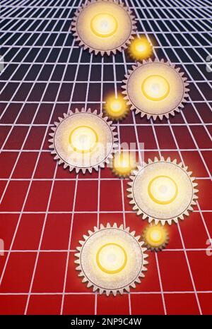 INTERLOCKING COG GEARS ON RED GRID Stock Photo - Alamy