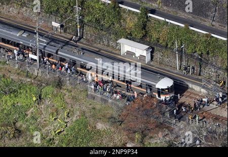 An express sightseeing train of Iida line out-of-the way stations runs ...