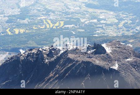 An aerial photo shows a peak of Heisei Shinzan in Shimabara, Nagasaki ...