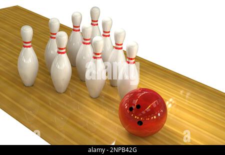 A group of bowling pins stands near a bowling ball on a lane 3D render ...