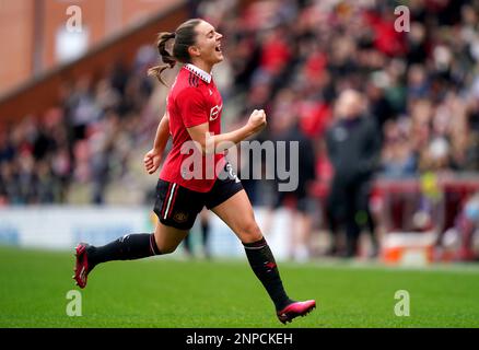 Manchester United's Vilde Boe Risa celebrates by jumping on the back of ...
