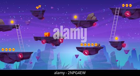 Space adventure game map with floating platforms. Vector cartoon ...