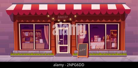 Bakery shop facade with large windows and door. Vector cartoon ...