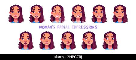Cartoon adult brunette afraid girl with frightened expression and pose ...