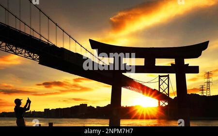 Kanmon Bridge, a suspension bridge crossing the Kanmon Straits (the ...