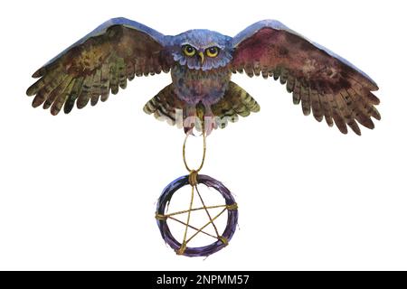 Mystical Owl Watercolor illustration. Hand drawn magical print on ...