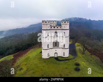 Misty morning over Haldon Belvedere from a drone, Lawrence Castle ...