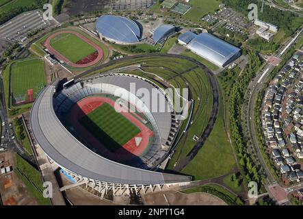 An aerial photo shows Miyagi Stadium, which will be used for athletics ...