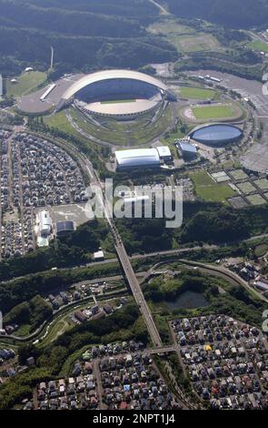 An aerial photo shows Miyagi Stadium, which will be used for athletics ...