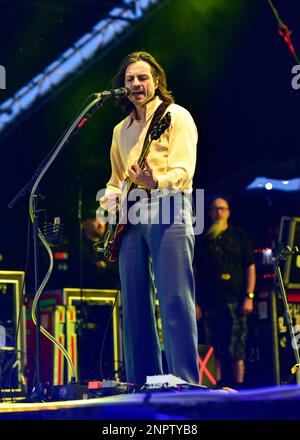 Rivers Cuomo (L) and Brian Bell of the rock band Weezer attend the ...