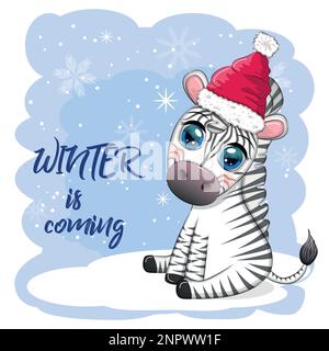 Christmas card with cute little zebra, funny winter animals, cartoon ...