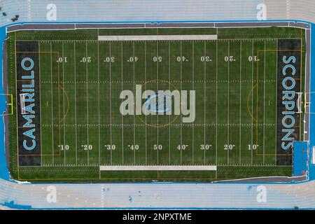 An aerial view of Adolfo Camarillo High School track and football field ...