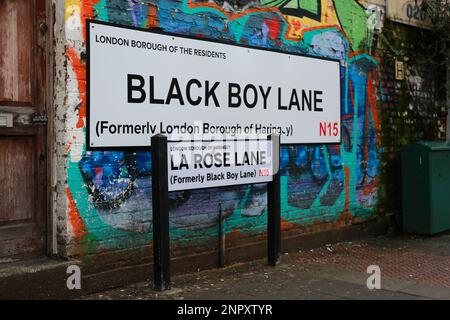 London, UK. 26 Jan 2023. Residents put up a large Black Boy Lane street ...
