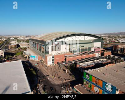 An aerial view of Chase Field and the downtown skyline, Tuesday, March ...