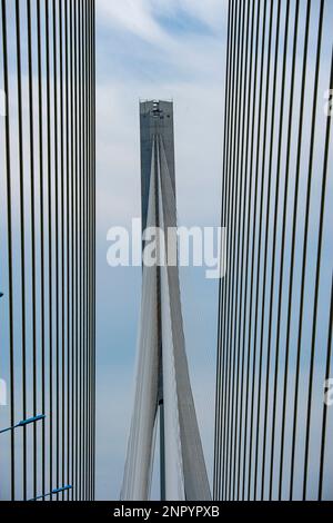 A view of a pylon and the cables on the Hutong Yangtze Bridge in ...