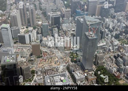 An aerial photo shows Toranomonand Azabudai district in Tokyo on June 5 ...