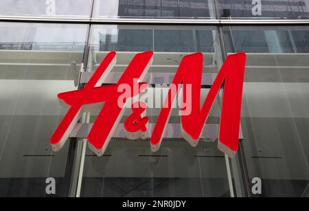 The logo of H&M is seen in Shinjuku Ward, Tokyo on May 5, 2020. H & M ...