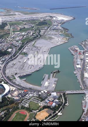 An aerial photo shows Naha Port in Naha City, Okinawa Prefecture on ...