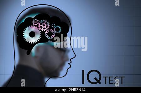 Illustrated head with brain and blurred view of man on grey background ...