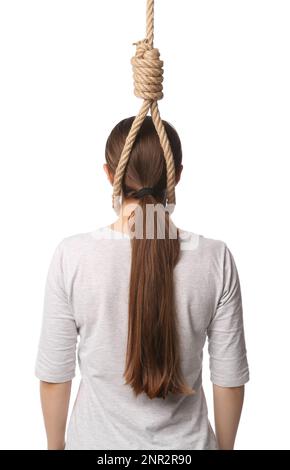 back view of woman with rope noose on neck isolated on black Stock ...