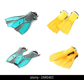 Set with turquoise flippers on white background Stock Photo - Alamy