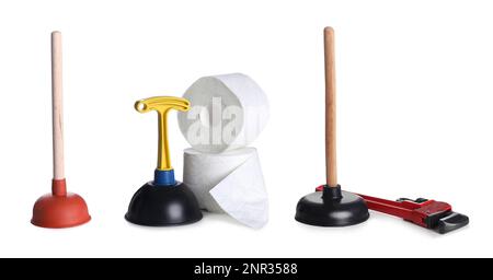 Set with different plungers on white background Stock Photo - Alamy
