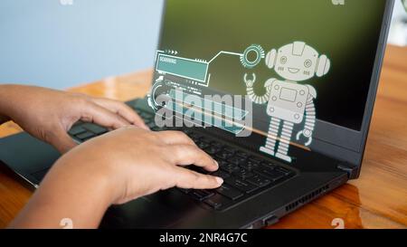 People are working and bringing AI to help them work on computers Stock ...