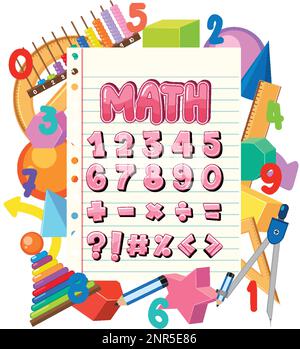 Number and math equation on note paper icon with kids character ...