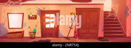 Abandoned cartoon house hallway and messy living room with broken ...